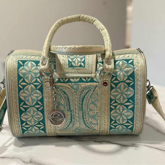 Bags | Banda Bags Barrel Duffle Handcrafted Turquoise Gold Embroidered ...